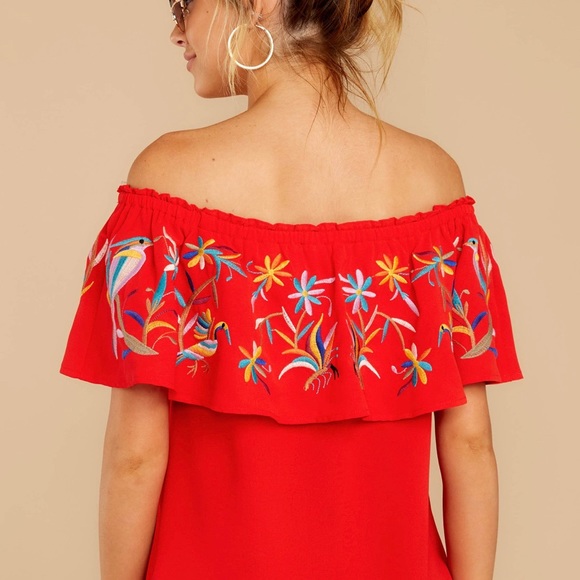 Tops | Embroidered Red Top Sleeveless Off Shoulder | Poshmark